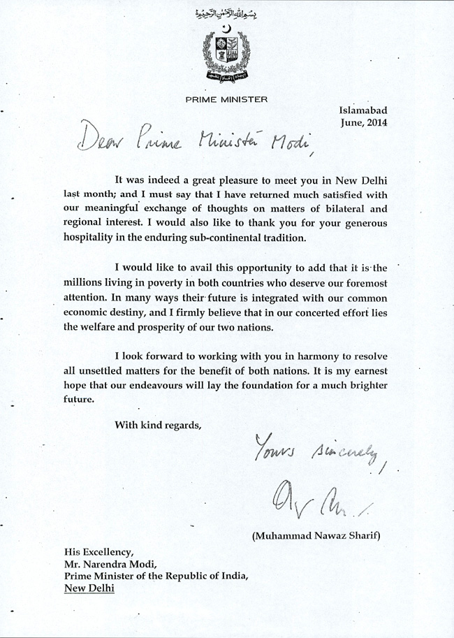 Full Text Of Narendra Modis Letter To Nawaz Sharrif Deshgujarat